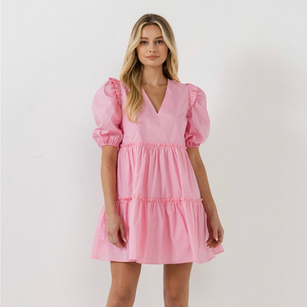 English Factory Ruffle Detail Puff Sleeve Mini Dress - Gem